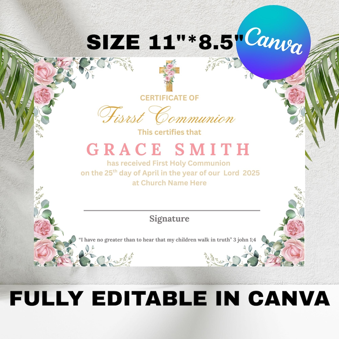 First Communion Certificate Template, Editable First Holy Communion ...