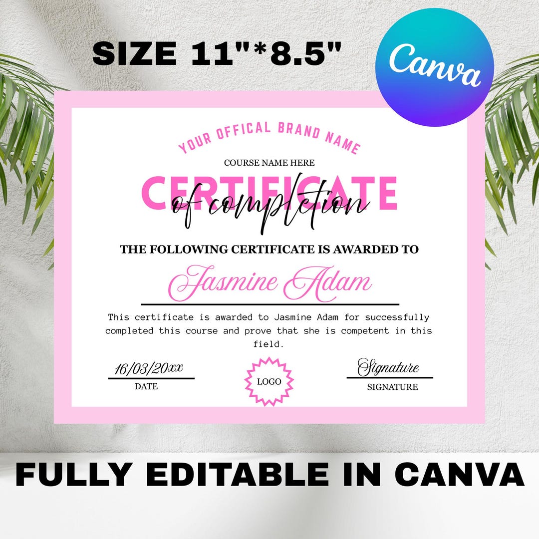 Pink Certificate of Completion Template, MUA, Nail Tech, Hairstylist ...