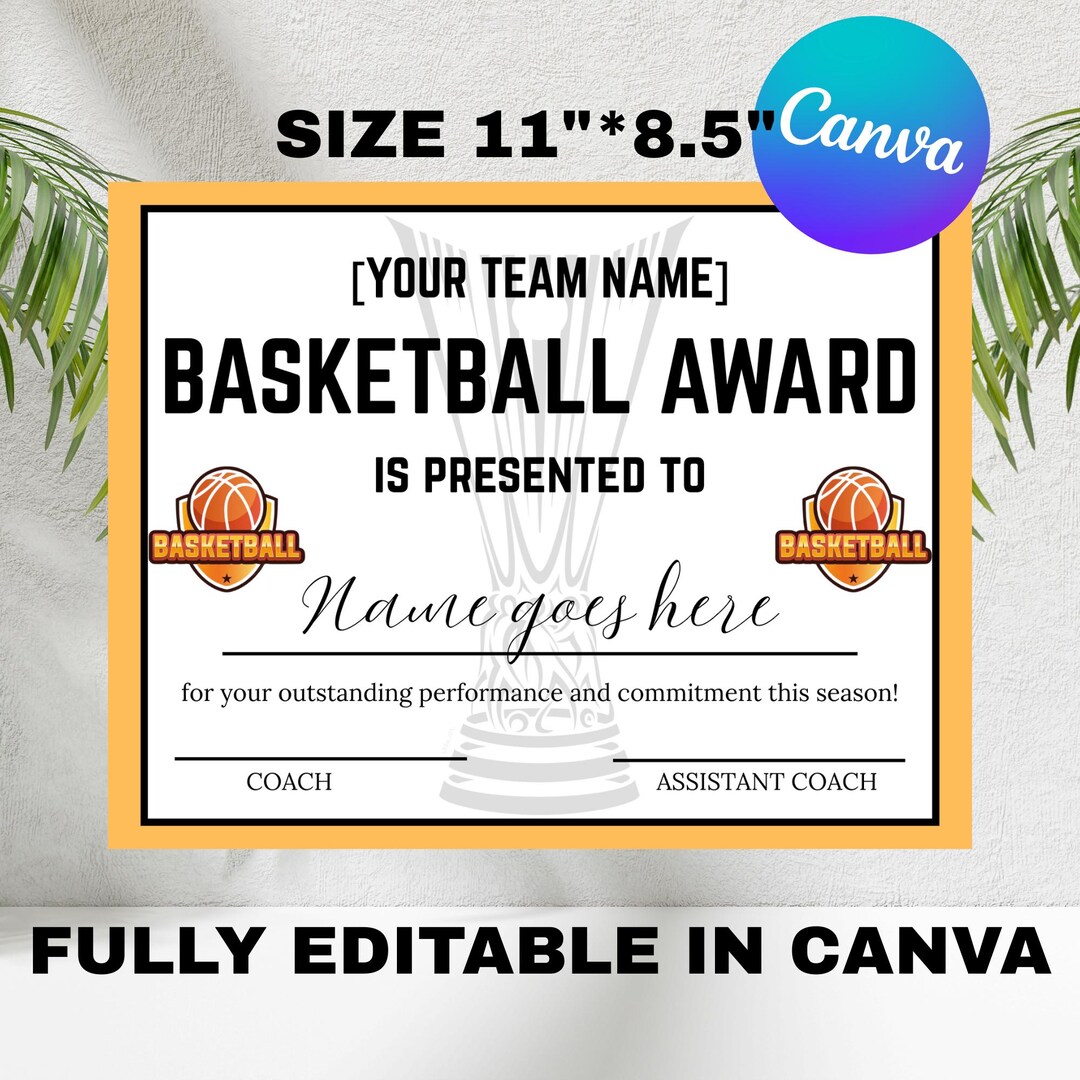 Basketball Awards, Editable Certificate Canva Template, Team Party ...