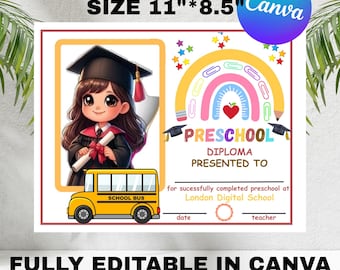 Editable Preschool Graduation Certificate, Prek Diploma Template, End ...