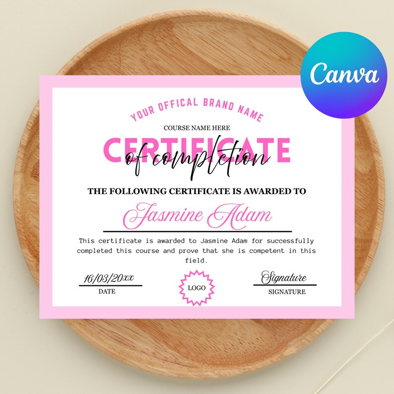 Pink Certificate of Completion Template, MUA, Nail Tech, Hairstylist ...