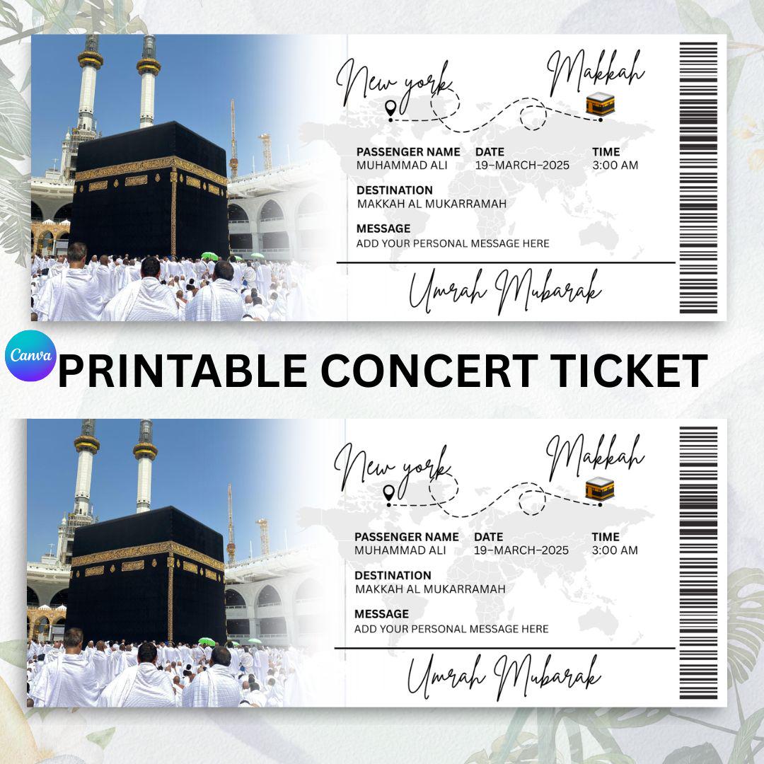 Umrah Mubarak Gift, Hajj Travel Ticket, Airline Ticket Canva Template ...