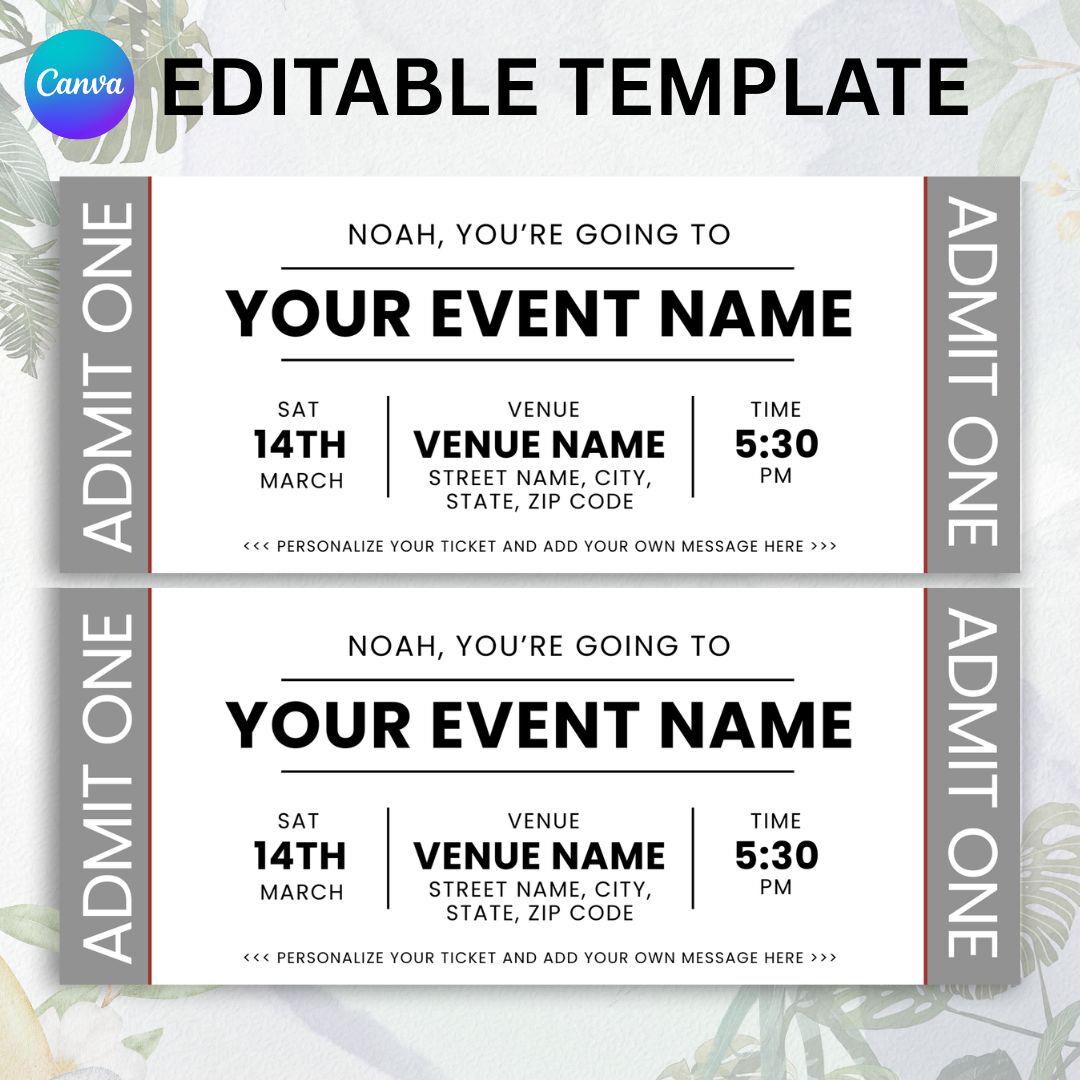 Ticket Template, Concert Ticket, Printable Event Tickets, Editable Canva Template, DIY Surprise ...