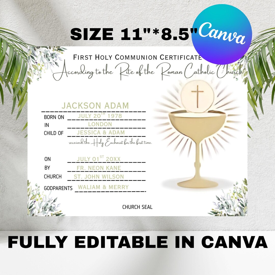 First Communion Certificate Template, Editable First Holy Communion ...