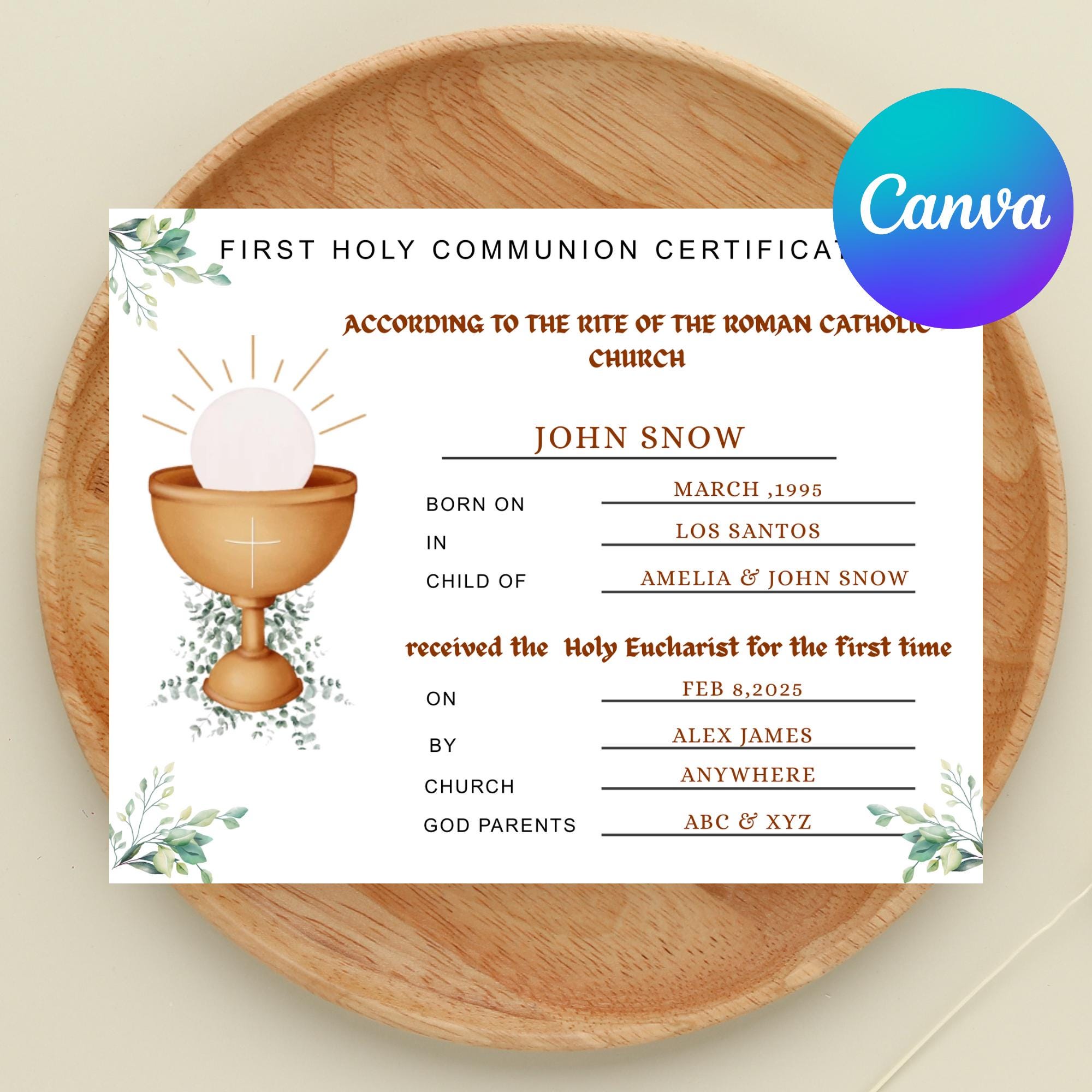 First Communion Certificate Template, Editable First Holy Communion ...
