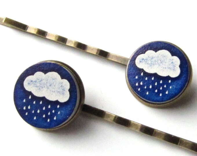 Rain Cloud Bobby Pins or Snap Hair Clips, Navy Blue and White Rainy Day ...