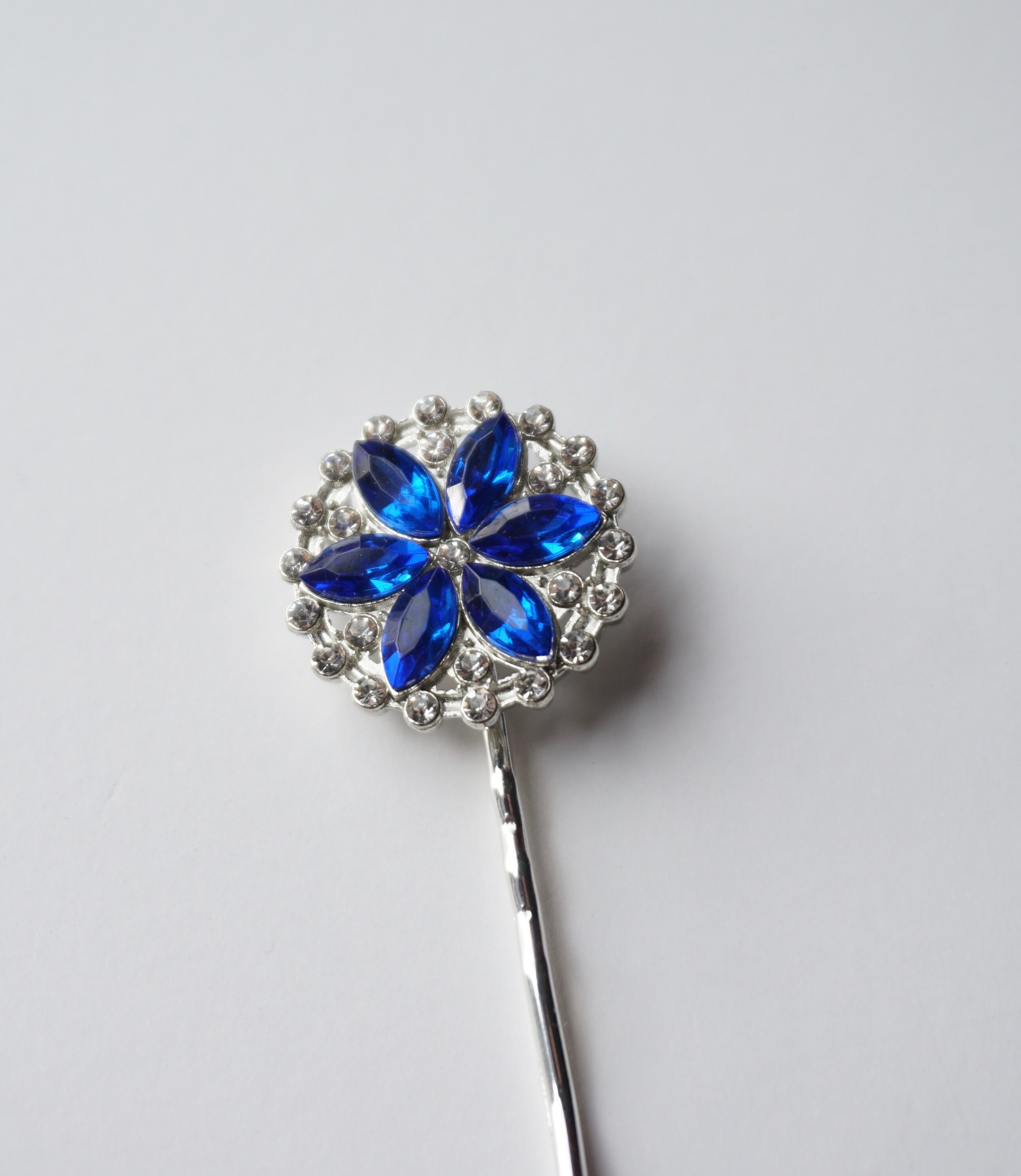 Royal Blue Rhinestone Flower Hair Pin with Silver Tone | Etsy