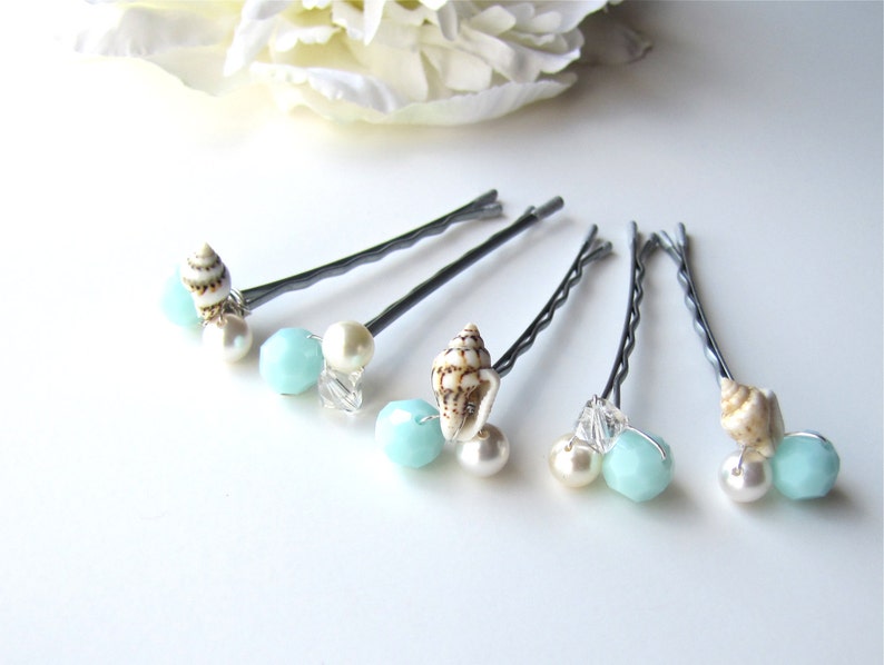 Beach Wedding Hair Pins Seashell and Mint Seafoam Set of 5 - Etsy