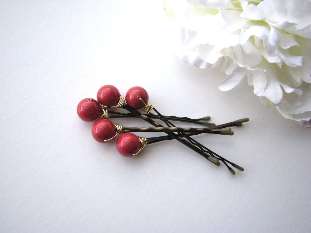 Red Coral Hair Pins, Bridesmaid Hairpin Set - Etsy