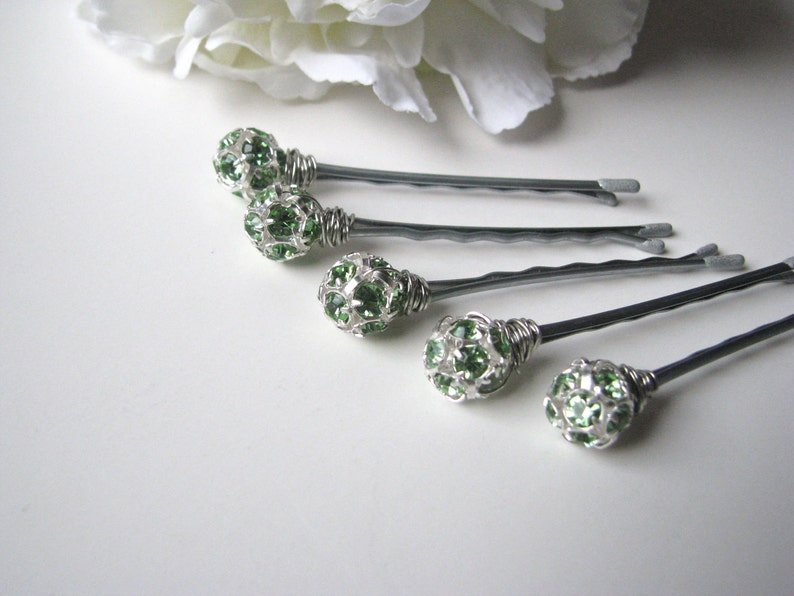 Peridot Green and Silver Hair Pin Rhinestone Set Bridesmaid - Etsy