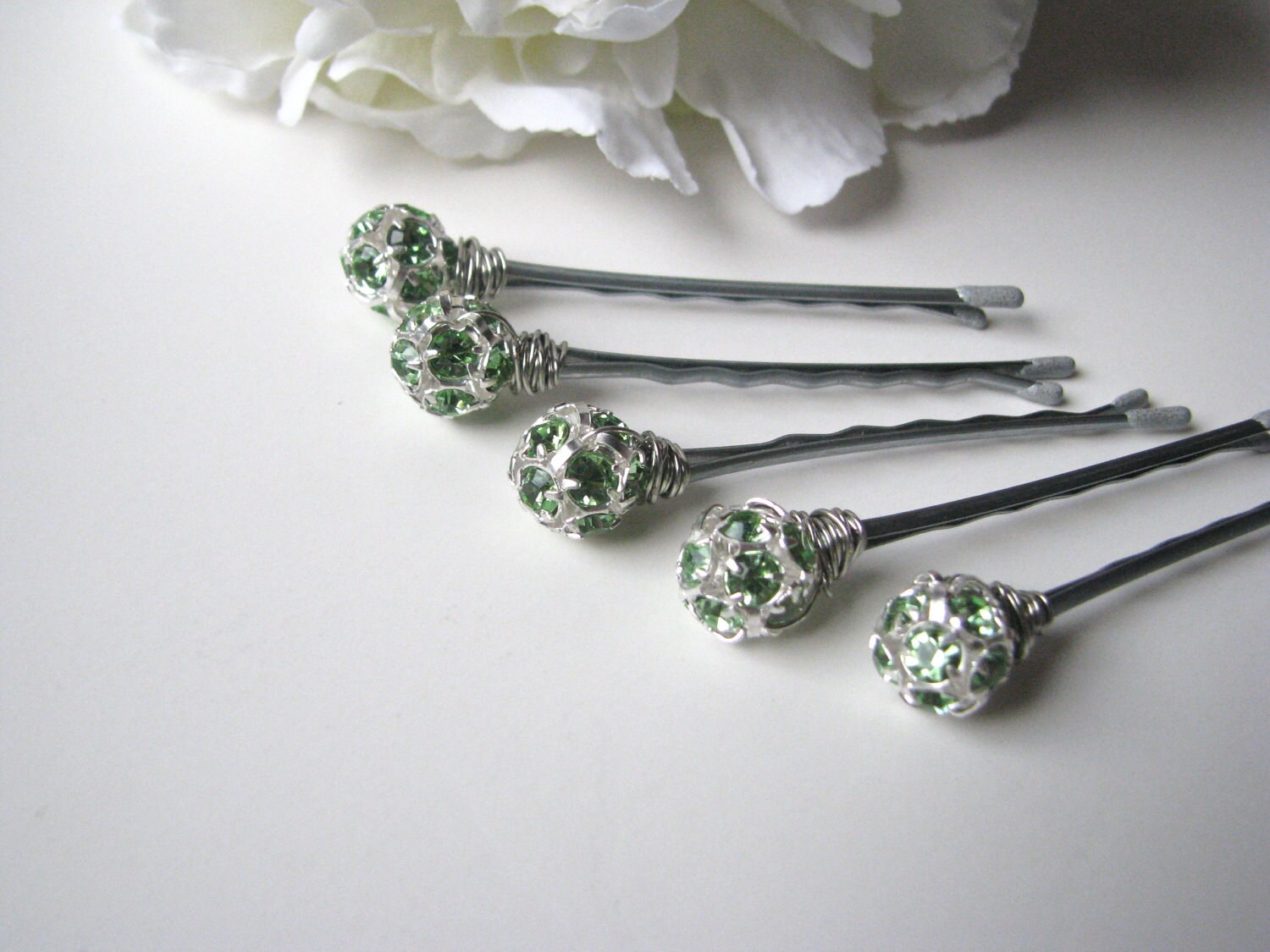 Peridot Green and Silver Hair Pin Rhinestone Set Bridesmaid - Etsy