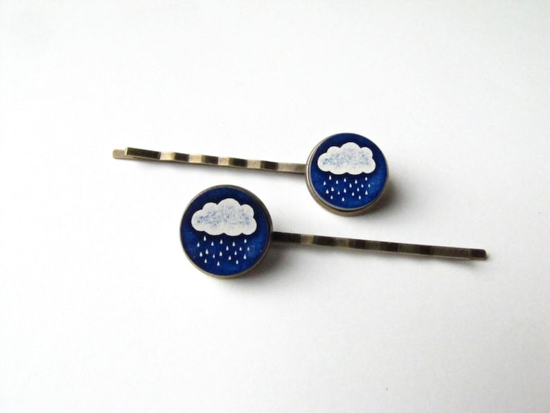 Rain Cloud Bobby Pins or Snap Hair Clips, Navy Blue and White Rainy Day ...