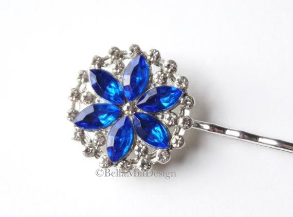 Royal Blue Rhinestone Flower Hair Pin With Silver Tone - Etsy