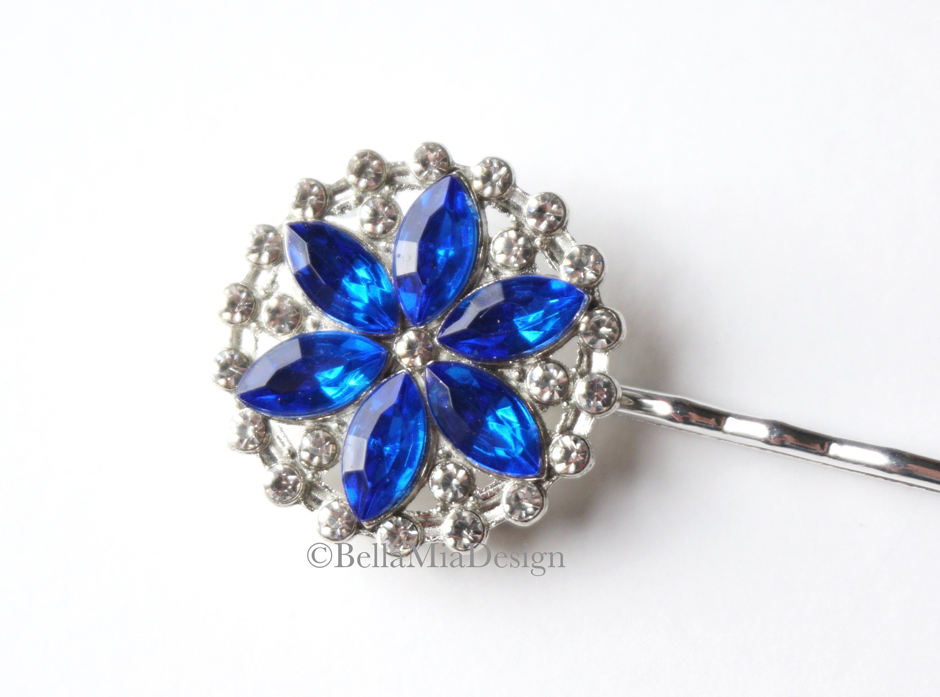 Royal Blue Rhinestone Flower Hair Pin with Silver Tone | Etsy