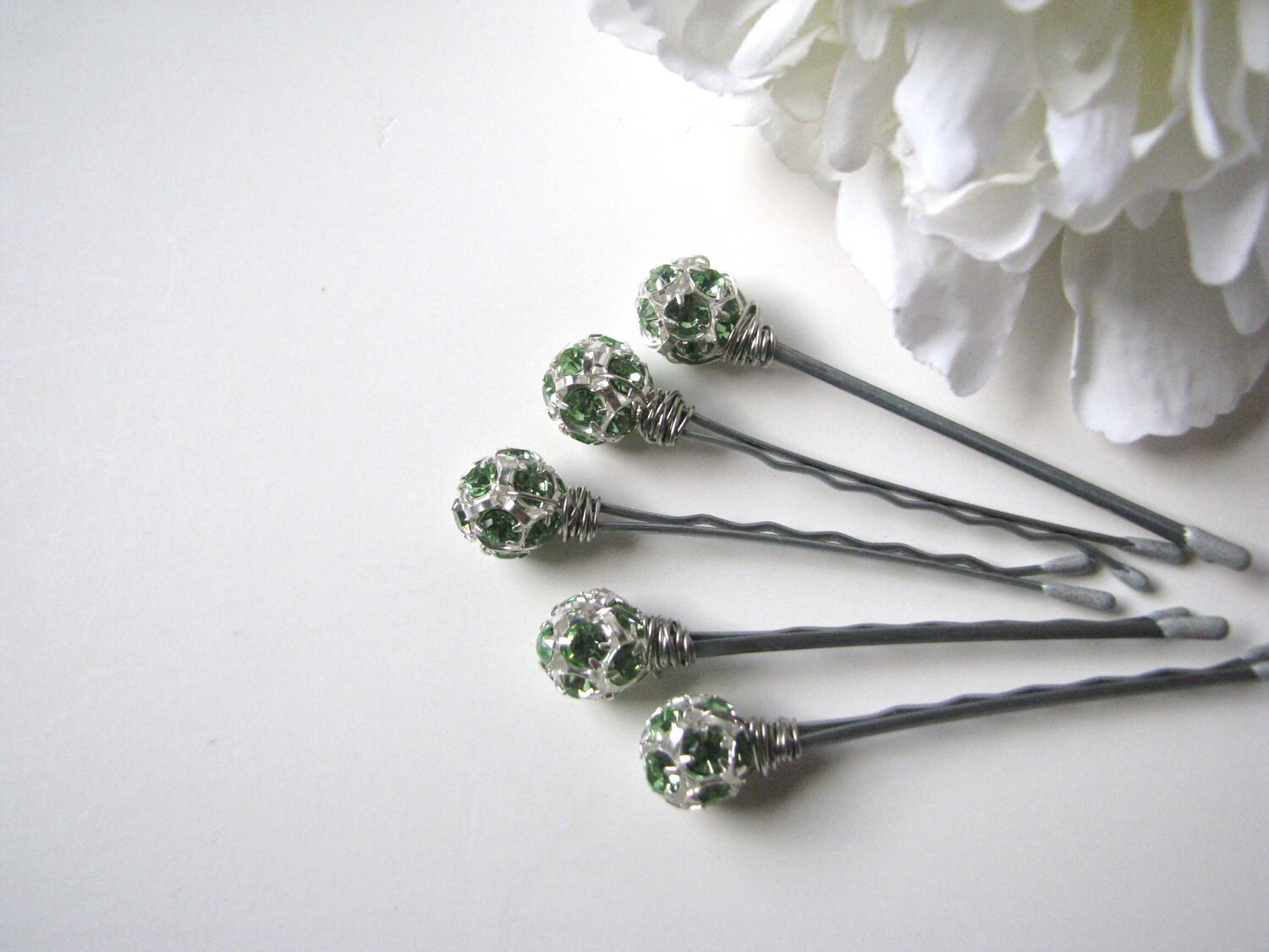Peridot Green and Silver Hair Pin Rhinestone Set Bridesmaid - Etsy