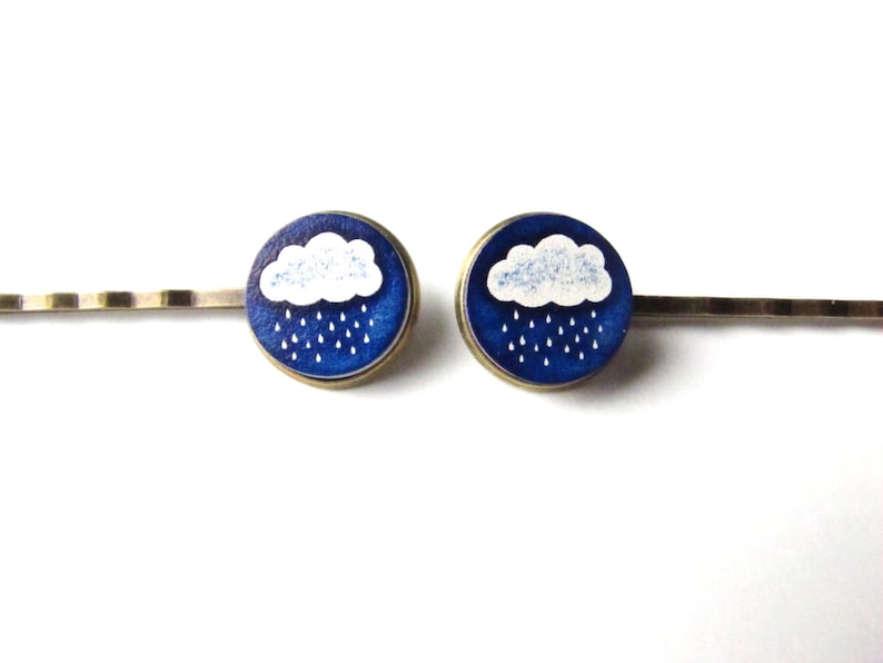 Rain Cloud Bobby Pins or Snap Hair Clips, Navy Blue and White Rainy Day ...
