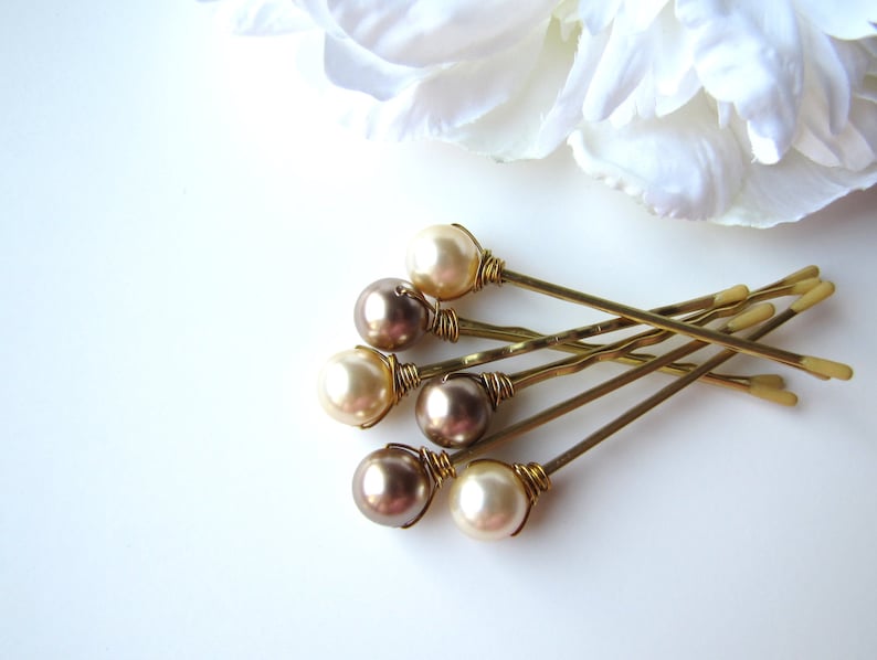 Neutral Pearl Hair Pins, 10mm Swarovski, Bronze and Light Gold - Etsy