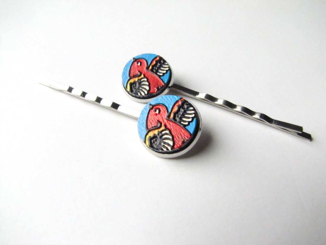 Red Bird Bobby Pins With Blue, Embossed Wood - Etsy