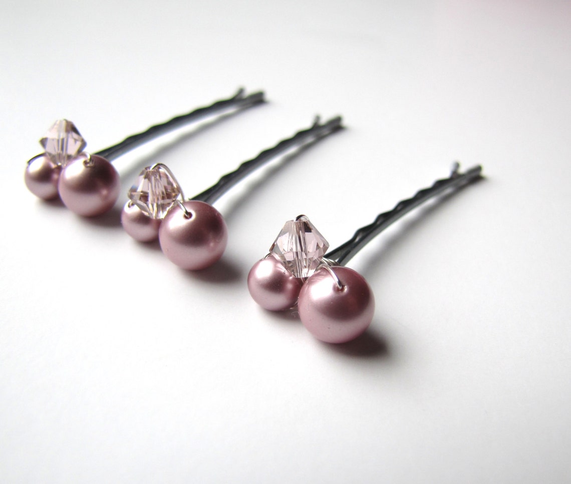 Hair Pins Pink Wedding, Pink Pearl Bobby Pins Set of 3 - Etsy