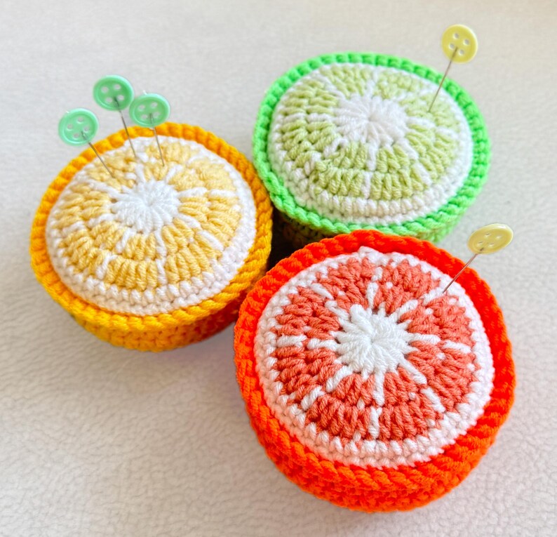 Small Pin Cushion Crochet Pattern - 3 in 1: Lime, Lemon and Orange ...