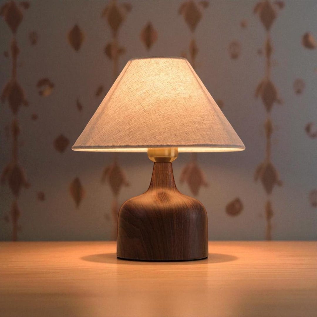 Modern Rustic Table Lamp • Wood-look Metal Base Nightstand Lamp • Warm ...