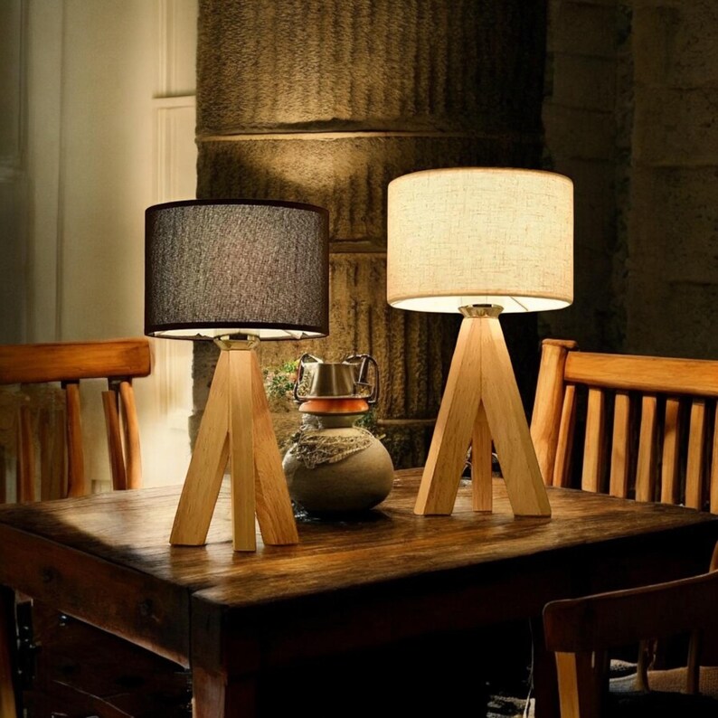 Minimalist Tripod Table Lamp: Handmade Wood Base, Fabric Shade, USB LED ...