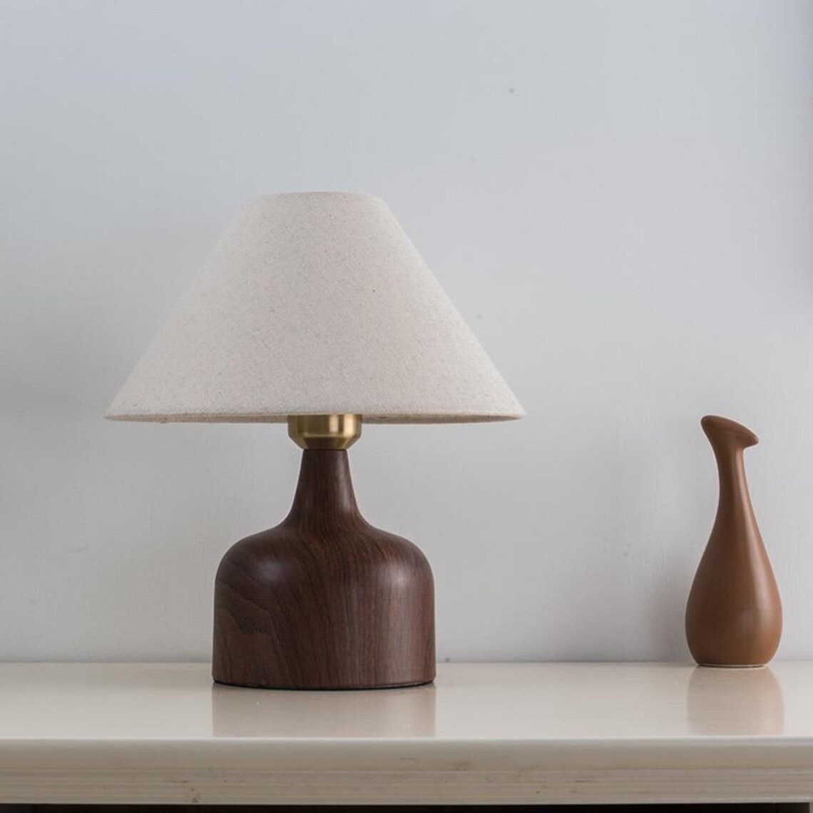 Modern Rustic Table Lamp • Wood-look Metal Base Nightstand Lamp • Warm ...