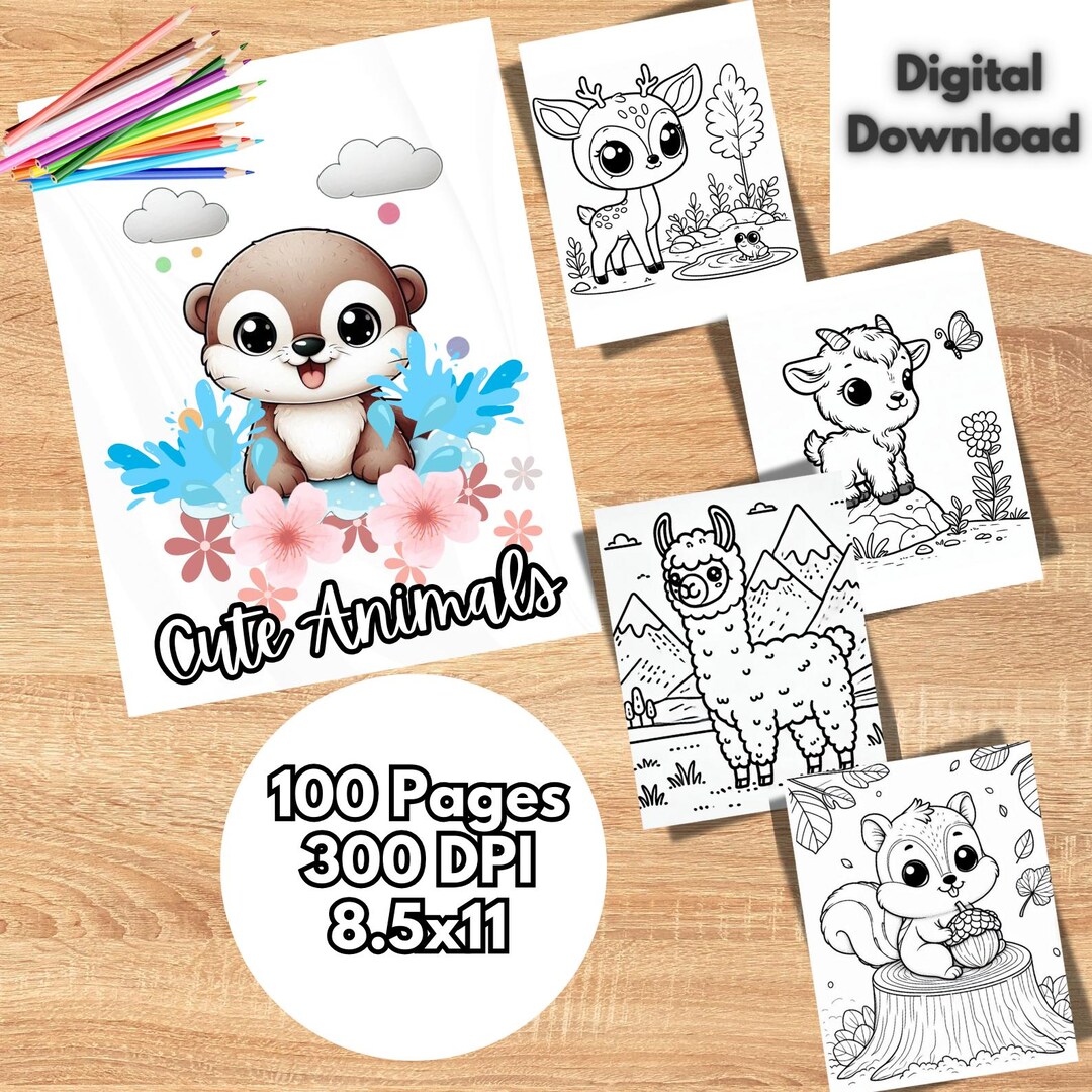 100 Cute Animals Coloring Book, Coloring Sheets, Adorable Coloring for ...