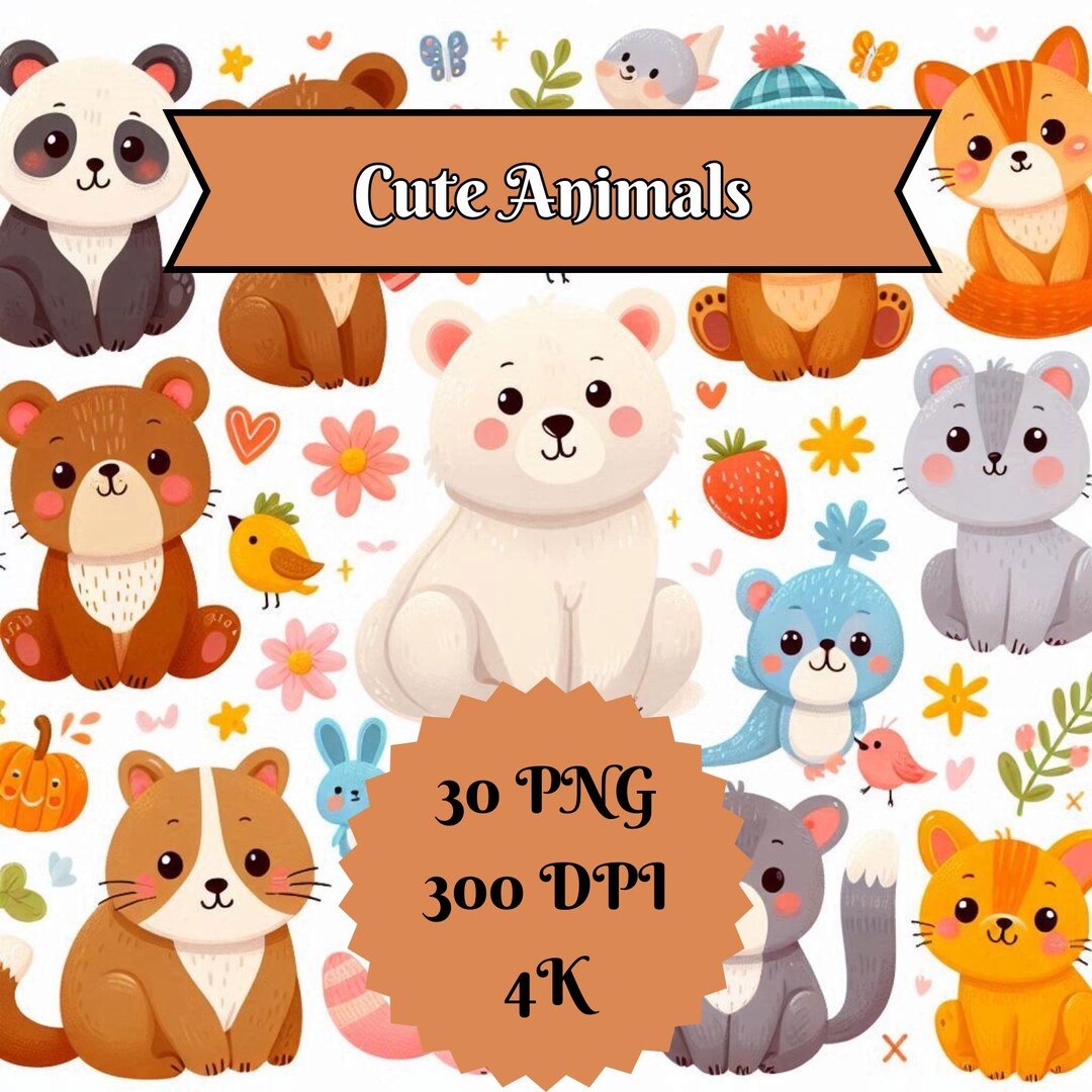 30 Cute Animal PNG, Cute Animal Clipart, Cute Animal Bundle, Baby ...