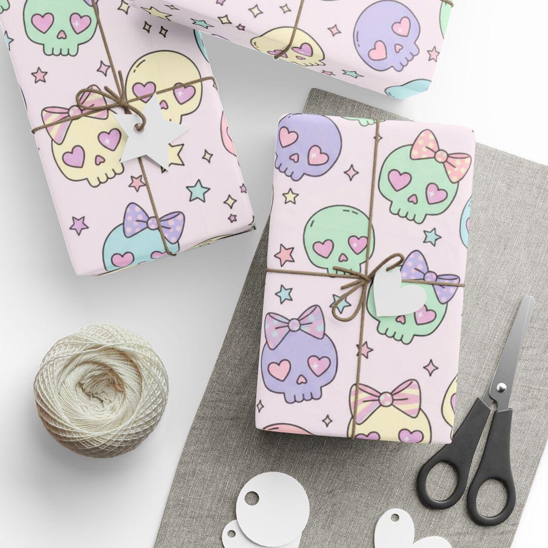 Pastel Skull Wrapping Paper, Kawaii Skulls, Cute Goth Gift Wrap, Spooky ...