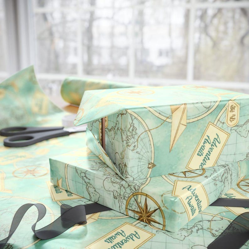 Adventure Awaits Wrapping Paper, Travel Themed Gift Wrap, Vintage World ...