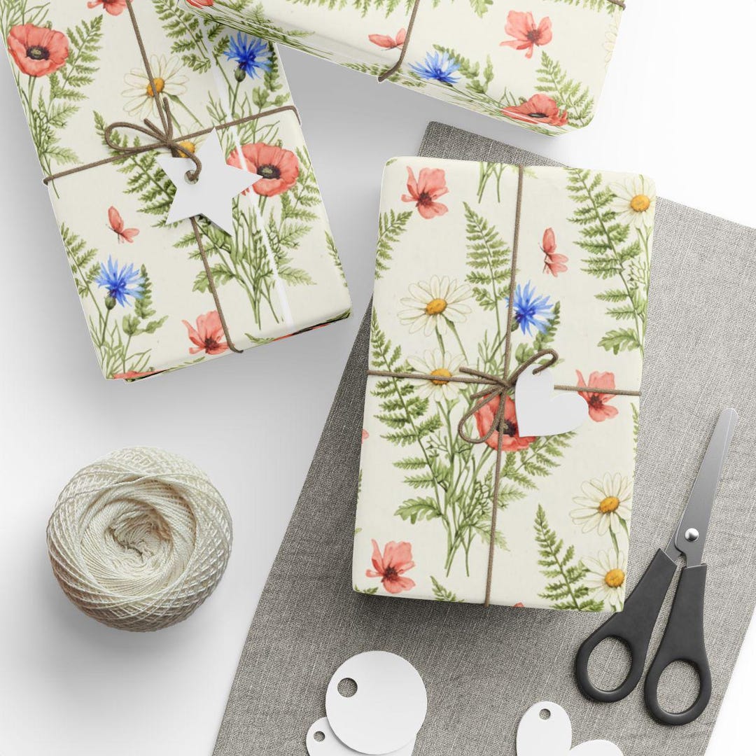 Wildflower Wrapping Paper, Floral Bouquet, Daisy Poppy Fern, Vintage ...