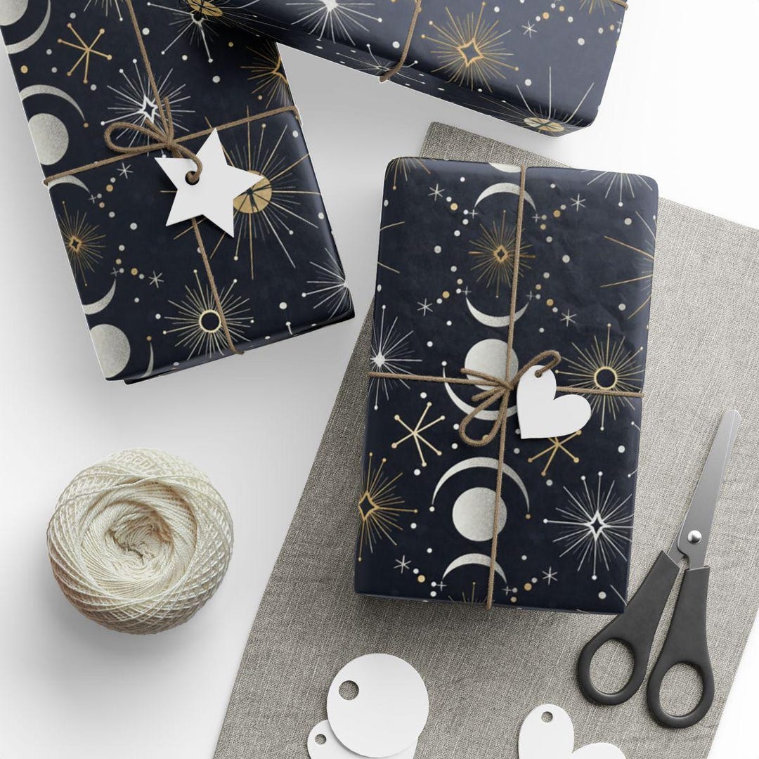 Celestial Wrapping Paper Moon Phases Starry Night Design Gift Wrap ...