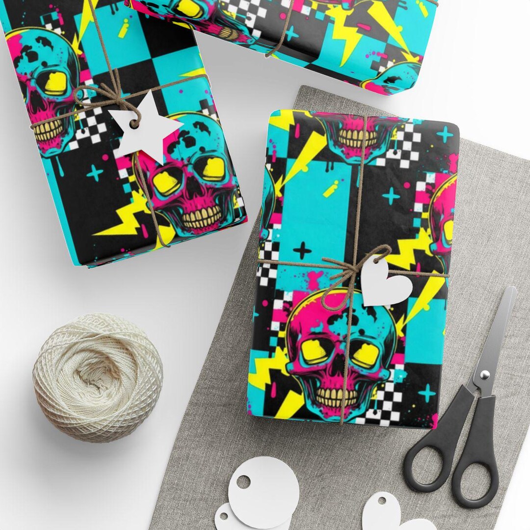 Skull Wrapping Paper, Neon Party, Rock and Roll Gift Wrap, Punk ...