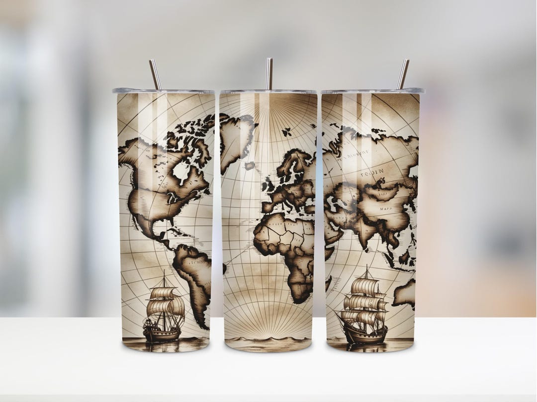 Vintage World Map Tumbler PNG | 20 oz Skinny Tumbler Wrap | Antique ...