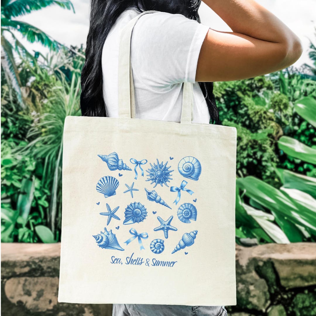 Sea Shell Cotton Canvas Tote Bag Beach Lover's Graphic Nautical Gift ...
