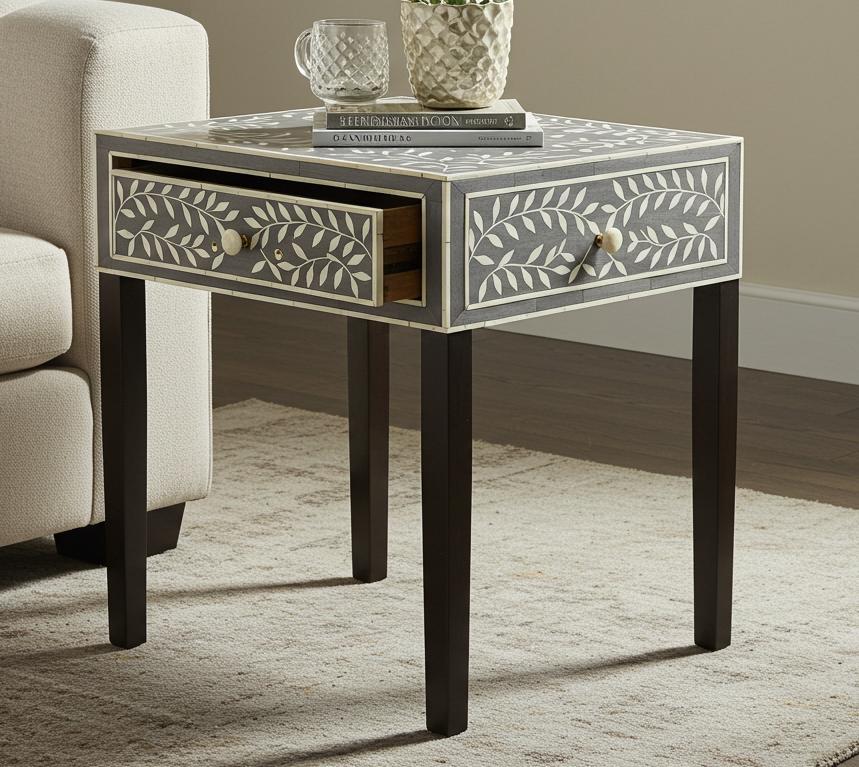 Gray Bone Inlay Side Table, Square Floral Pattern Table for Home Decor ...