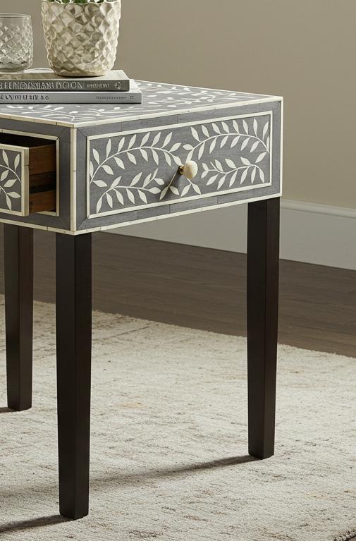 Gray Bone Inlay Side Table, Square Floral Pattern Table for Home Decor ...