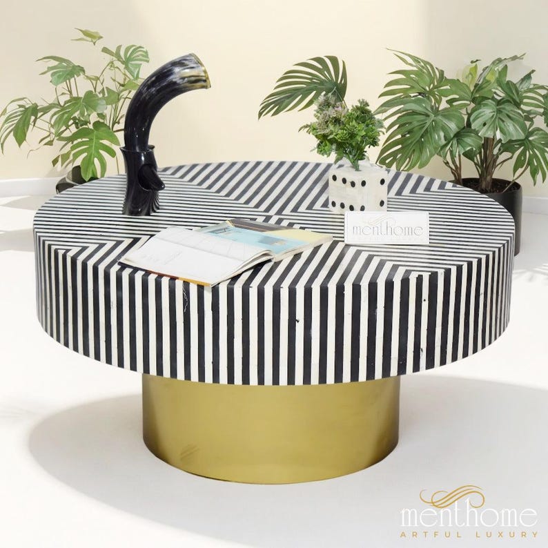 Round Waterfall Coffee Table Bone Inlay | Luxury Handmade Coffee Table ...