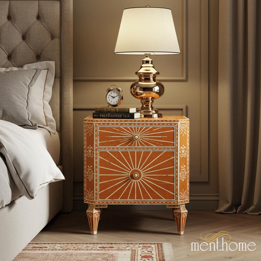 Radiant Orange Inlay Nightstand – Handmade Square Bedside Table With ...