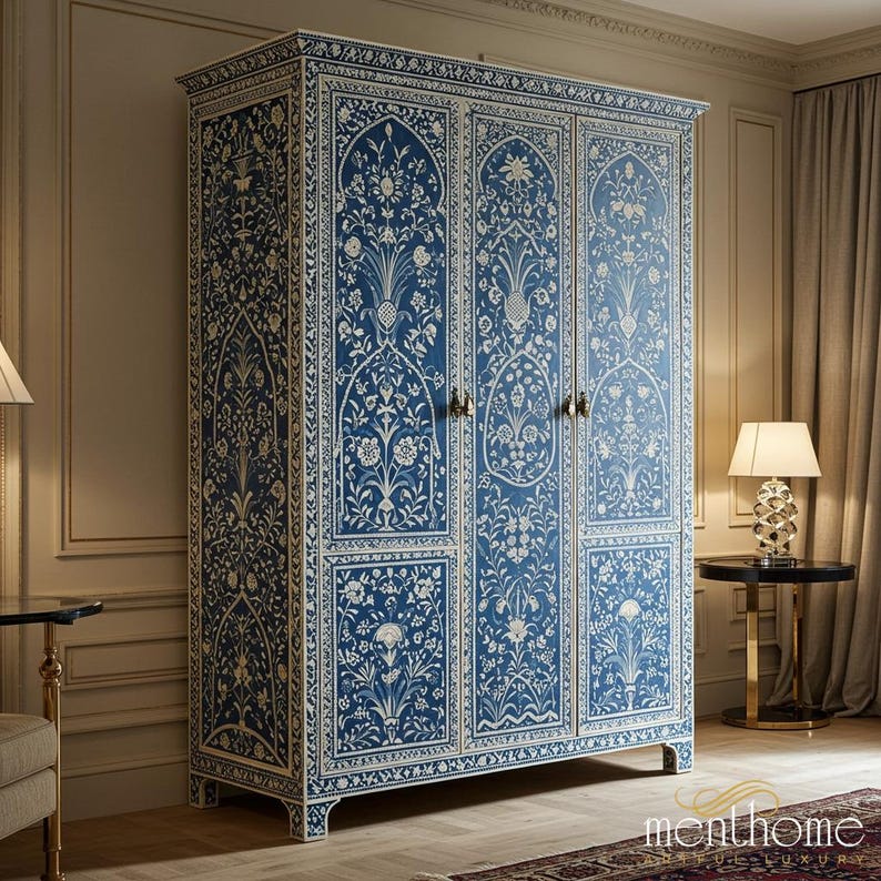 Handcrafted Blue Floral Inlay Wardrobe Cabinet | Luxury Handmade ...