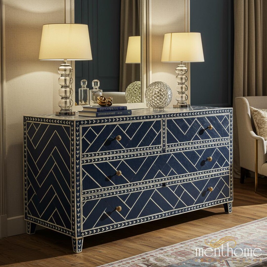 Navy Blue Geometric Pattern Chest of Drawers | Luxury Handmade Dresser ...