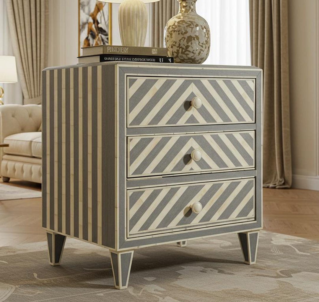 Gray Chevron Bone Inlay Bedside Table, Nightstand for Bedrooms ...