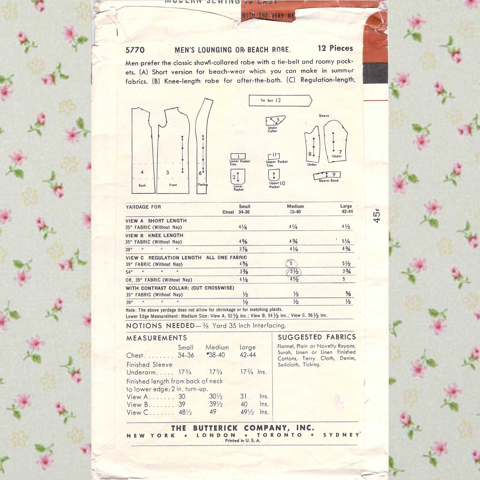 Butterick 5770 Men's Lounging Or-beach Robe Size Medium 38 - 40 1950s ...