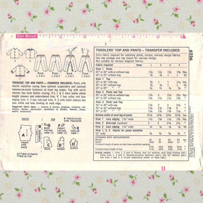 Simplicity 6236 Toddlers' Top and Pants — Transfer Included Size 1 1965 ...