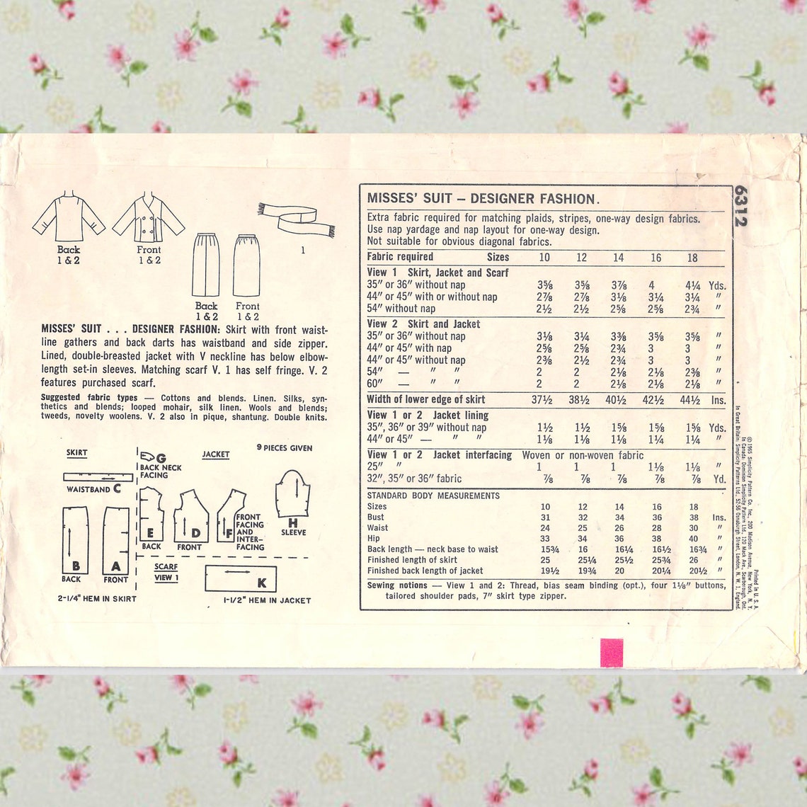 Simplicity 6312 Misses' Suit . . . Designer Fashion Size 10 1965 ...