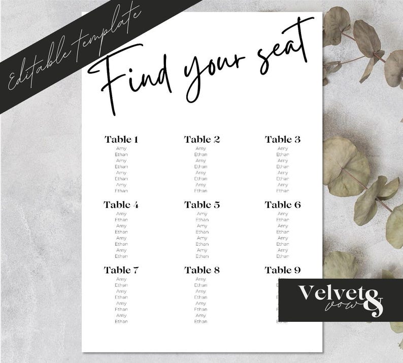 Editable Wedding Table Seating Plan - Printable Template - Etsy