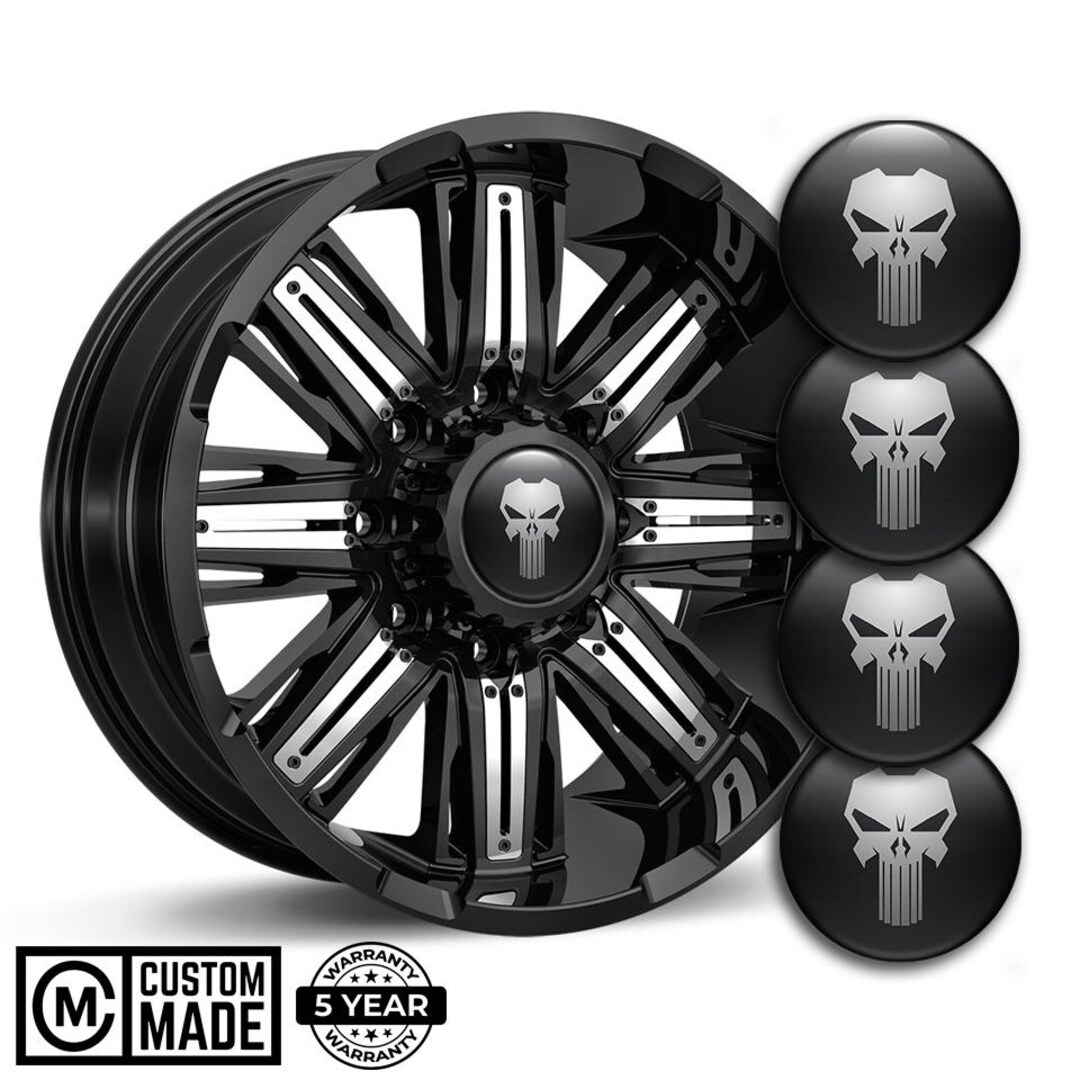 Punisher Skull Wheel Center Cap Stickers: Black 3D Resin Decals - Set ...