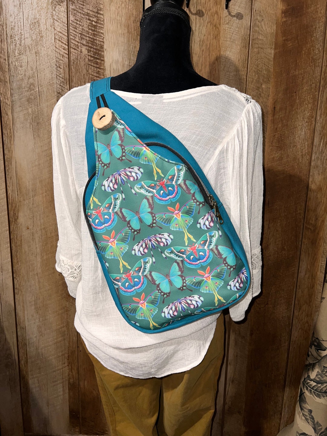 Luna Moth Sling Bag, Blue Canvas Shoulder Bag, Butterfly Sling Backpack ...