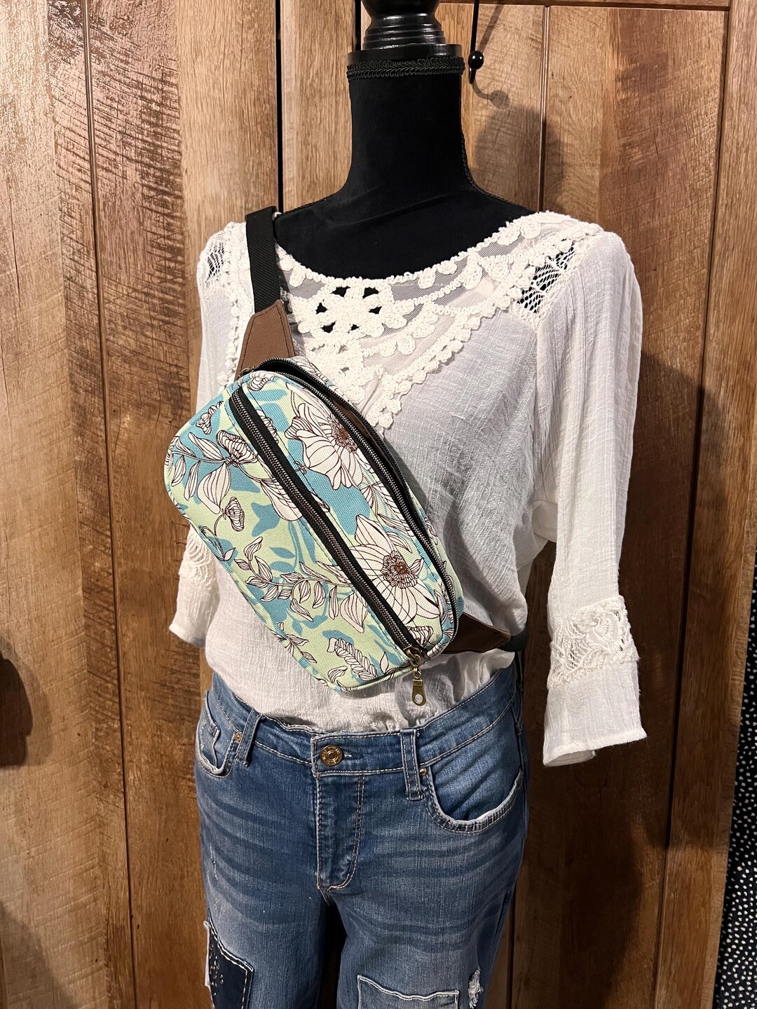Lime Cream Floral Hip Bag, Black Flower Fanny Pack, Canvas Sling Bag ...